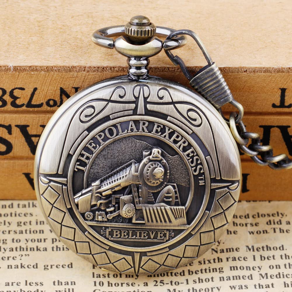 Whodoit Bronze Retro Mechanical Pocket Watch Locomotive Design Roman Numerals Hollow Mechanical Pocket Watches