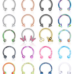 Sanfenly 20Pcs 16G Surgical Steel Horseshoe Nose Septum Rings Piercing Jewelry Cartilage Helix Tragus Daith Earring Hoop Lip Horseshoe Piercing for Women Men 8mm 10mm