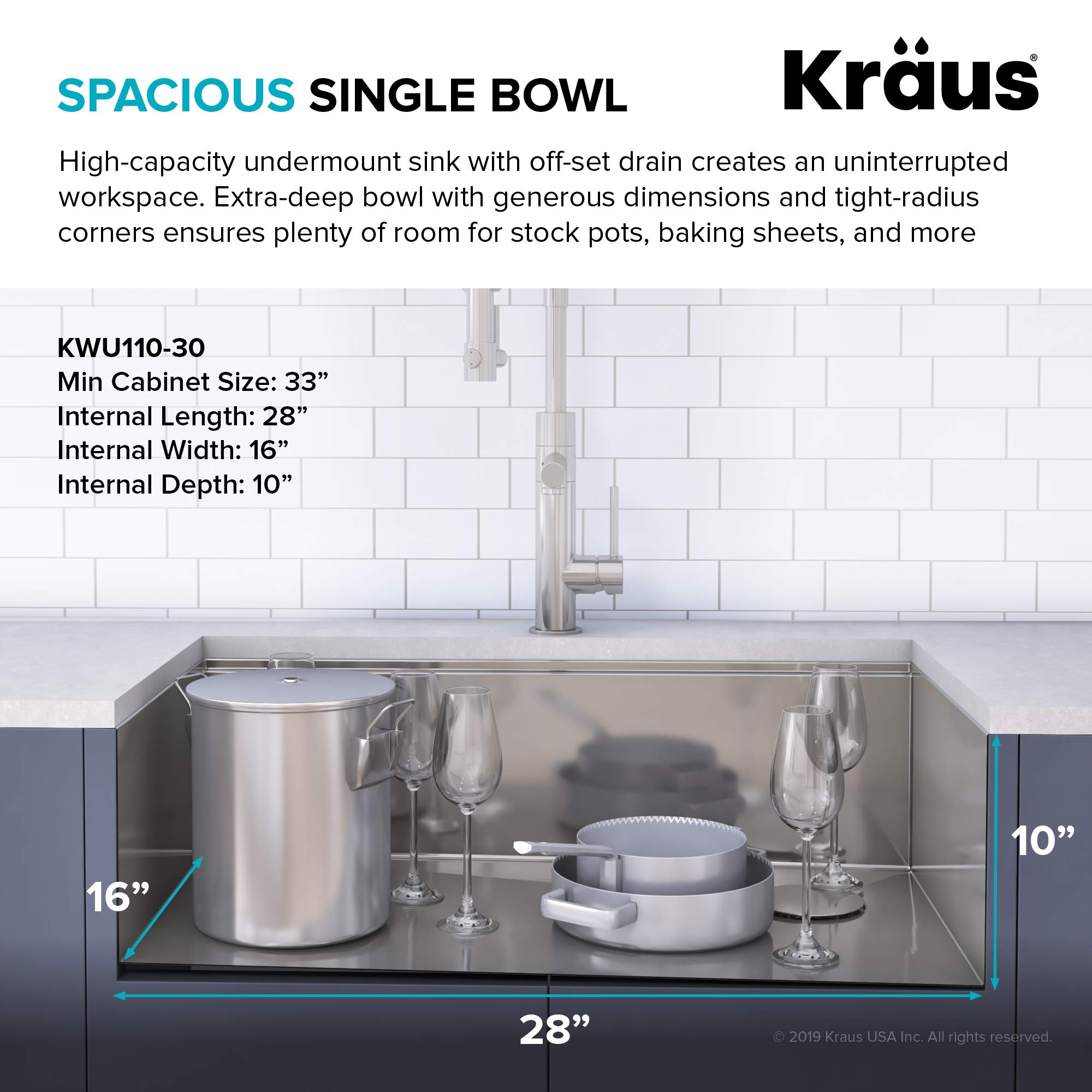 KRAUS Kore™ Workstation 30-inch Undermount 16 Gauge Single Bowl Stainless Steel Kitchen Sink with Accessories (Pack of 5) with WasteGuard™ Continuous Feed Garbage Disposal, KWU110-30-100-75MB