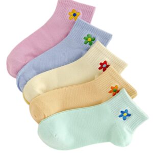 Verdusa Women's 5 Pairs Flower Embroidery Toe seamed Soft Crew Socks one-size