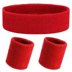 yolev sports headband wristband set sweatbands (1 headband and 2 wristbands) for athletic men and women red