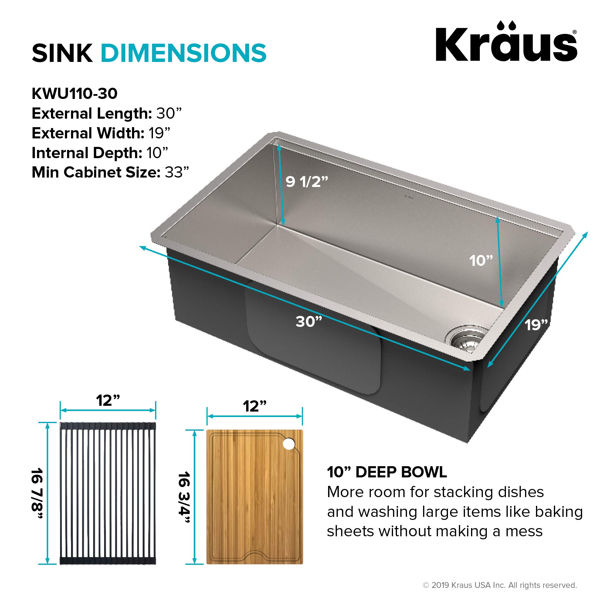 KRAUS Kore™ Workstation 30-inch Undermount 16 Gauge Single Bowl Stainless Steel Kitchen Sink with Accessories (Pack of 5) with WasteGuard™ Continuous Feed Garbage Disposal, KWU110-30-100-75MB