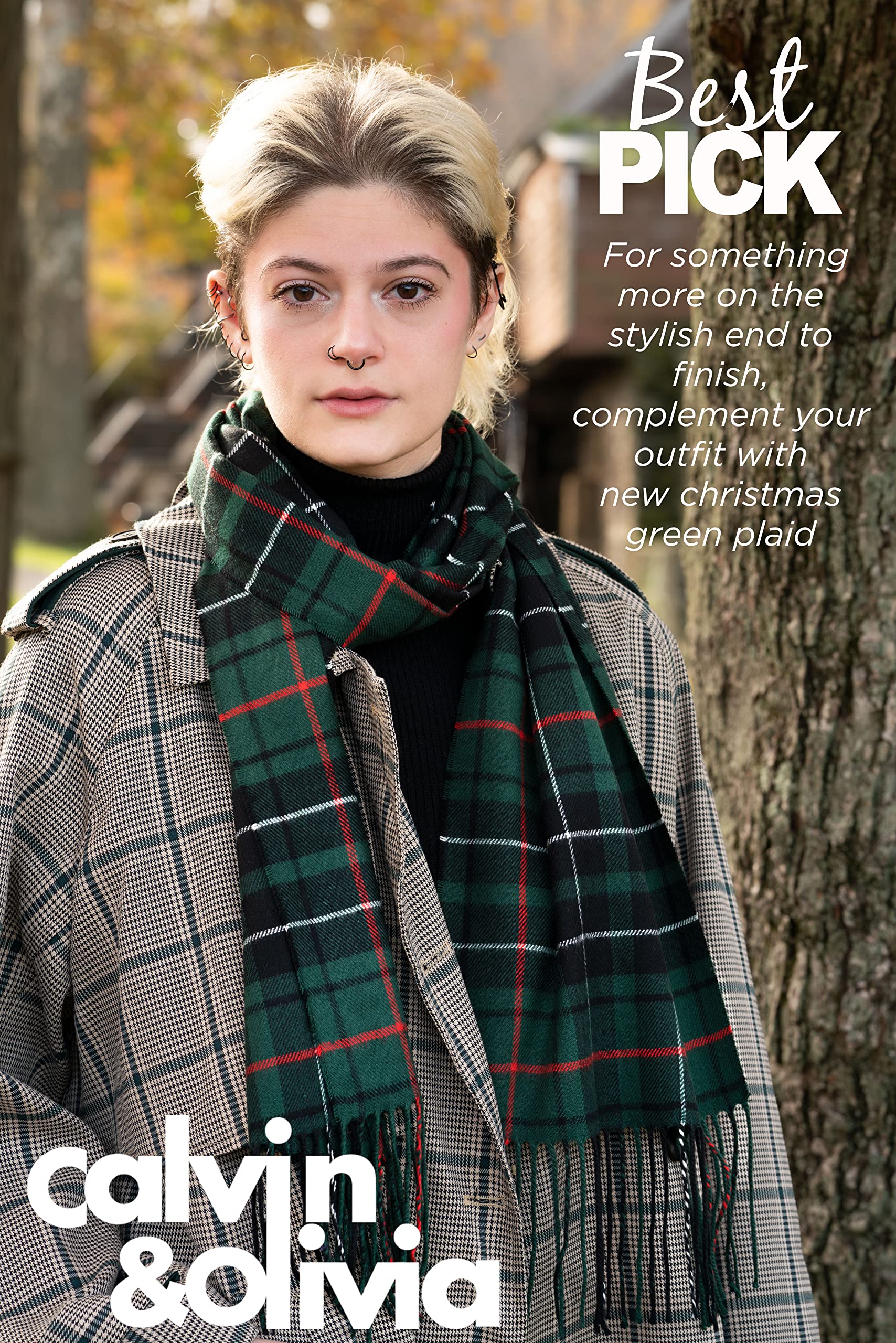 CALVIN & OLIVIA Cashmere Feel Scarf Soft Winter Soft Tartan Plaid Fashion Scottish Check Multi-Color Gift for Men Women Christmas Green Plaid