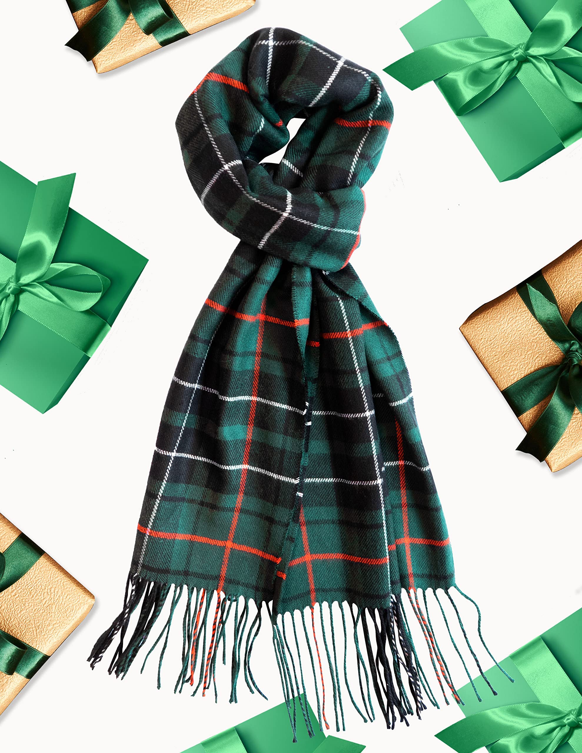 CALVIN & OLIVIA Cashmere Feel Scarf Soft Winter Soft Tartan Plaid Fashion Scottish Check Multi-Color Gift for Men Women Christmas Green Plaid