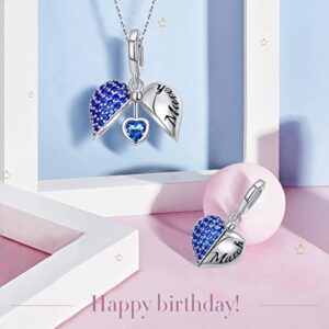 March Birthstone Charms Wings of Angel 925 Sterling Silver Love You Heart Charm Dangle Bead for Pandora Charm Bracelet Necklace, Happy Birthday Jewelry Bead for Women