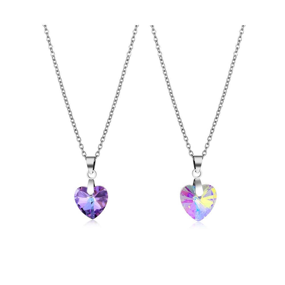 2pcs Colorful Crystal Butterfly Star Shell Heart Shape Pendant Necklace Stainless Purple & Yellow Shining Rhinestone Jewelry for Women Gifts-Heart