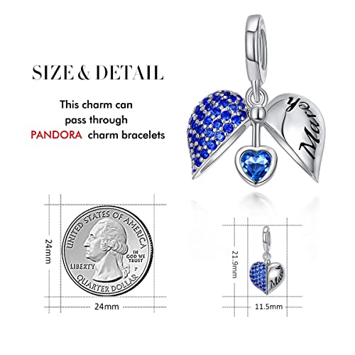 March Birthstone Charms Wings of Angel 925 Sterling Silver Love You Heart Charm Dangle Bead for Pandora Charm Bracelet Necklace, Happy Birthday Jewelry Bead for Women