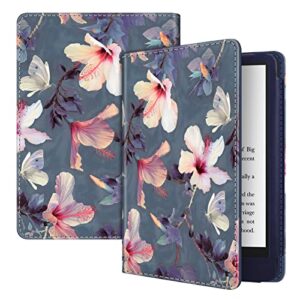 fintie folio case for 6.8" kindle paperwhite (11th generation-2021) and kindle paperwhite signature edition - book style vegan leather shockproof cover with auto sleep/wake, blooming hibiscus