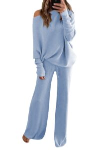 women's plus size 2 piece solid color off shoulder ribbed matching sweatsuit lounge pajamas set leisure wear loungewear tracksuit blue medium