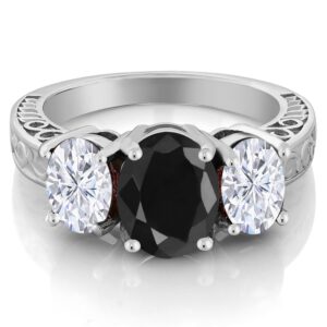 Gem Stone King 925 Sterling Silver Oval Black Sapphire and White Moissanite 3-Stone Women Ring (4.30 Cttw, Available In Size 5, 6, 7, 8, 9)