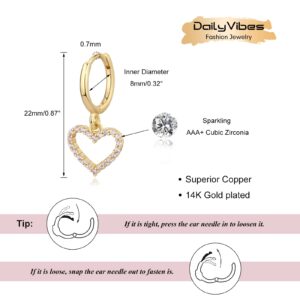 Gold Mini Dangle Huggie Earrings for Women, Dainty 14K Gold Plated Cubic Zirconia Small Hoop Earrings with Charm Drop, Jewelry Gift for Women Ladies (Hollow Heart CZ)