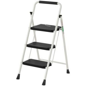 3 step ladder, rikade folding step stool, step stool with wide anti-slip pedal, lightweight, portable folding step ladder with handgrip, multi-use steel ladder for household and office