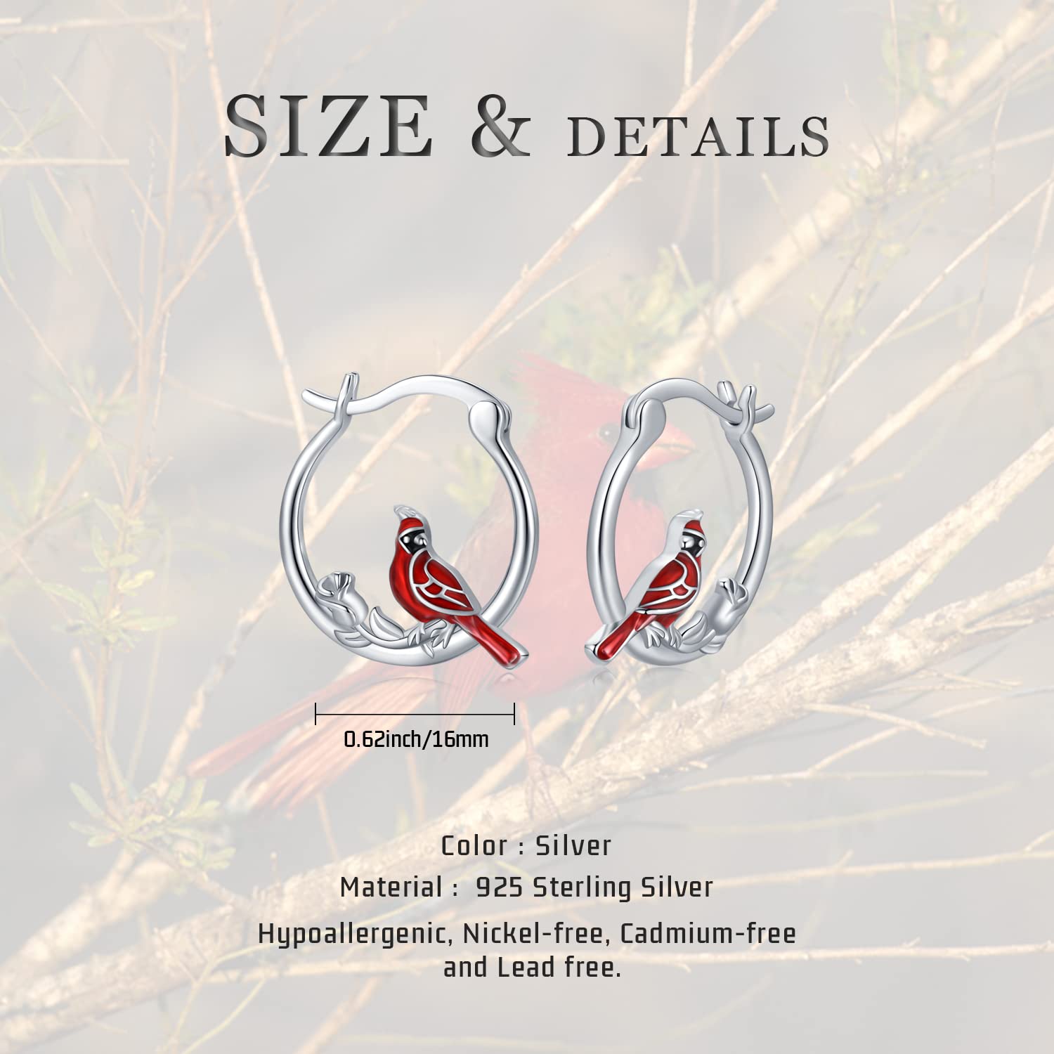 Cardinal Earrings Sterling Silver Hypoallergenic Hoop Earrings for Sensitive Ears Cardinal Jewelry Gifts for Women