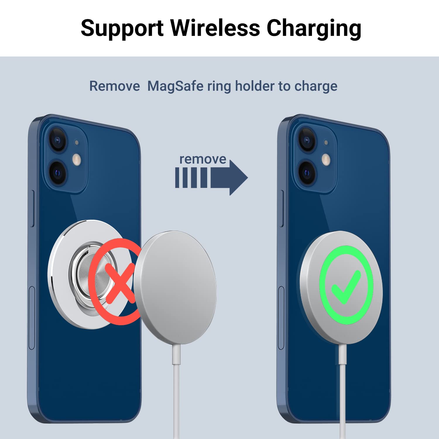 OUTXE Phone Ring Holder Compatible with Magsafe for iPhone 12 13 14 Pro/Max/Mini, Removable and Wireless Charging Compatible-Silver