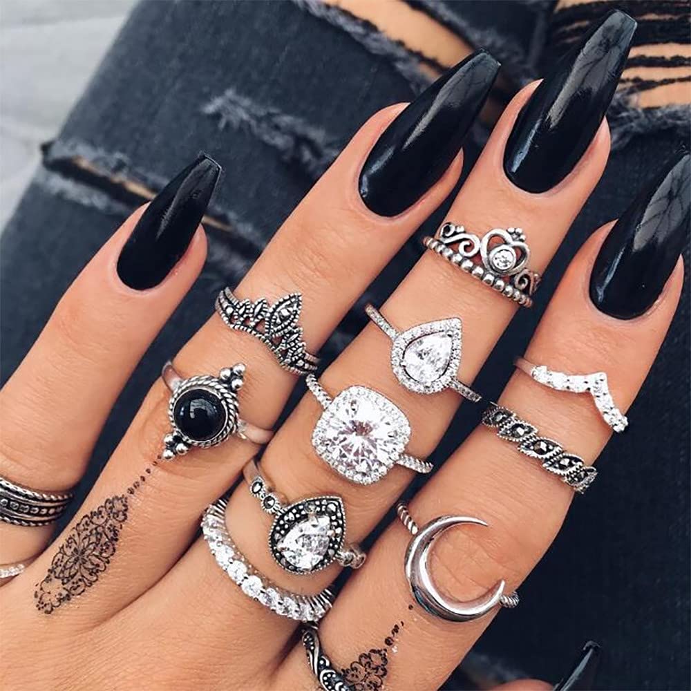 lisafinding 56pcs Vintage Silver Knuckle Rings Set Stackable Finger Rings Rings for Women Bohemian Hollow Carved Flowers Rings Fashion Finger Knuckle Rings