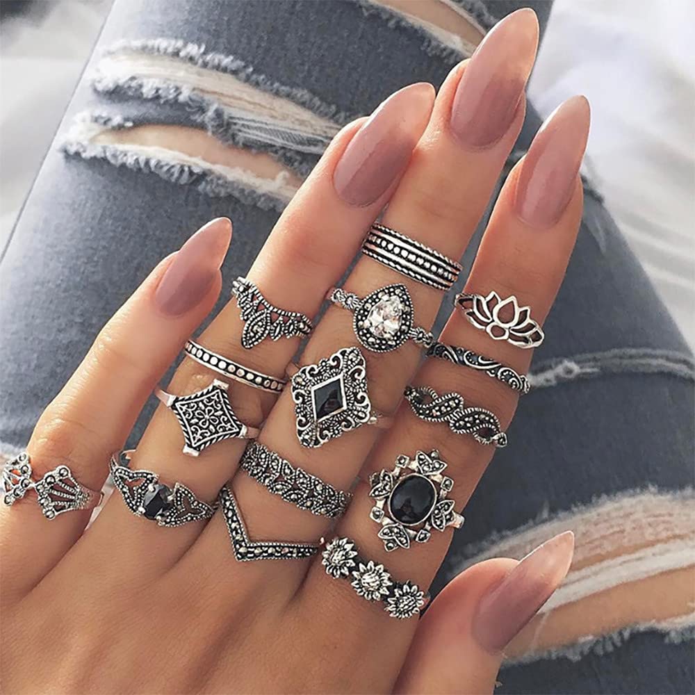 lisafinding 56pcs Vintage Silver Knuckle Rings Set Stackable Finger Rings Rings for Women Bohemian Hollow Carved Flowers Rings Fashion Finger Knuckle Rings