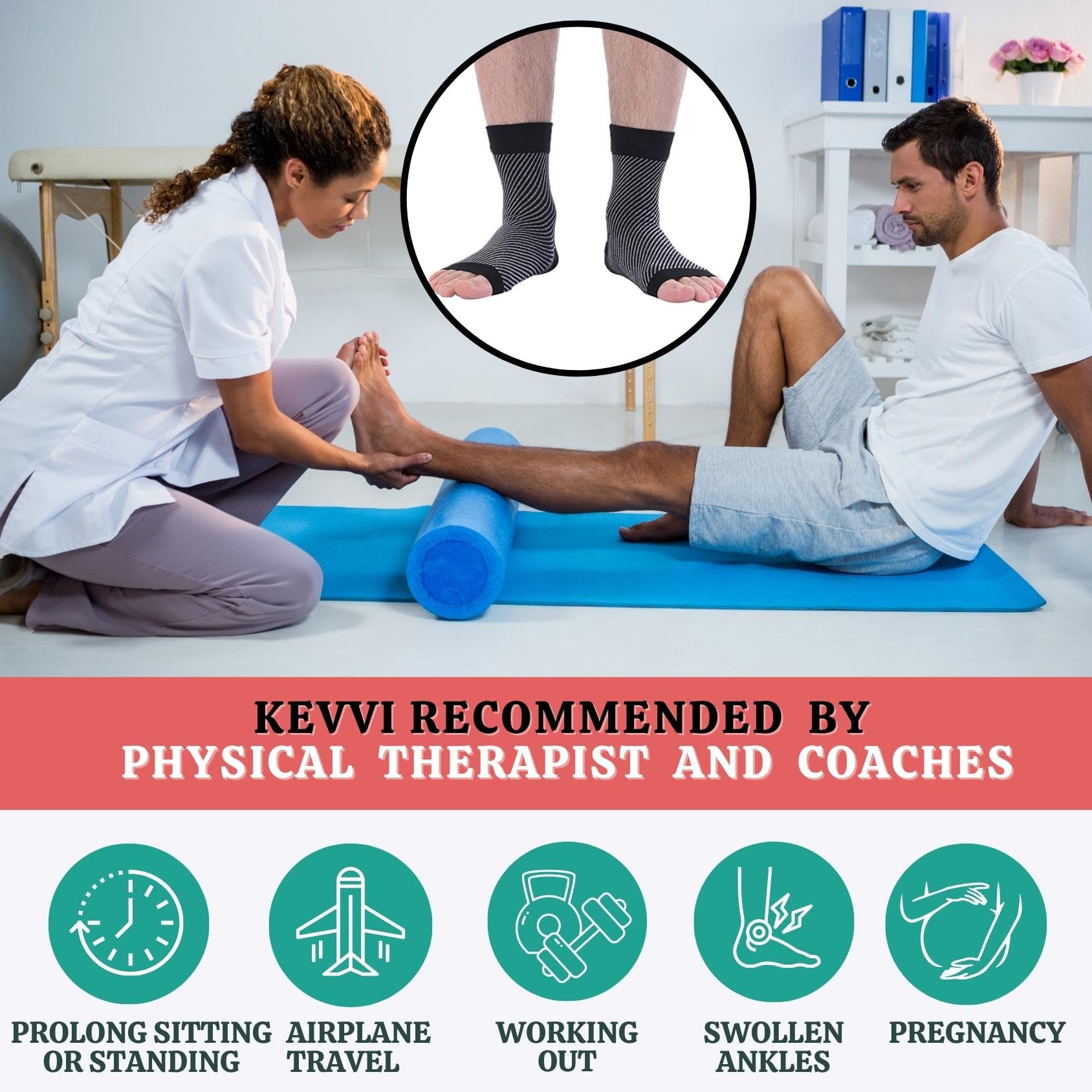 KEVVI Ankle Compression Socks - Relieve Foot Pain & Swelling - Open Toe - Unisex (Grey, L)