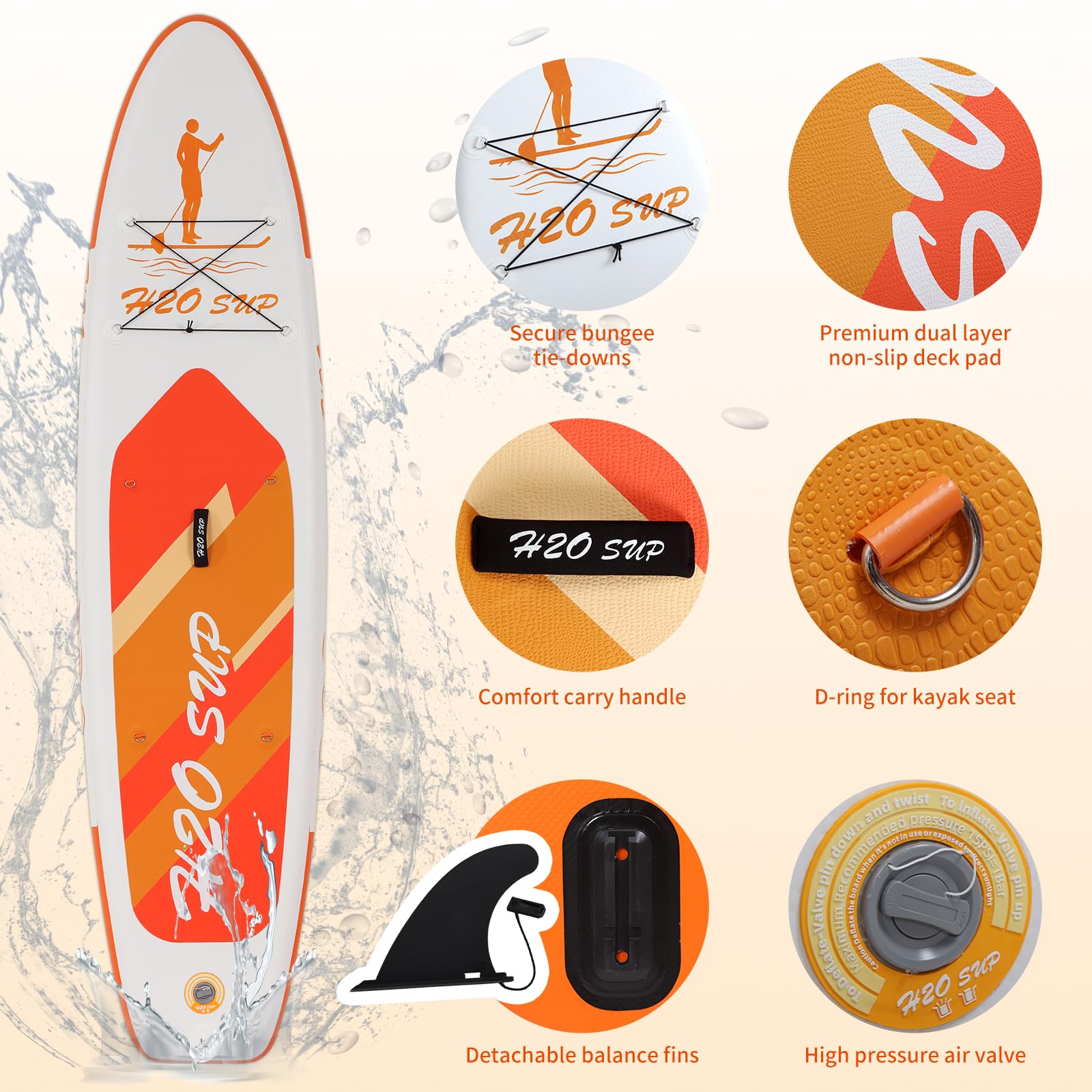 H2OSUP Inflatable Paddle-boards 10'6''/126'' x 30'' x 6'' White-Orange, Ultra-Light, Wide Stable Design, Non-Slip Deck for Surfing, Paddleboarding, Yoga, Touring