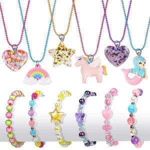 g.c 12 pcs necklaces bracelets set with cute mermaid unicorn heart star rainbow charms kids gift toy party favors pretend play dress up colorful friendship costume jewelry for little girls toddler