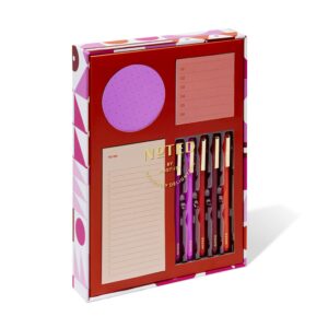 noted by post-it printed notes gift box, 4 piece set, warm colors, includes round sticky notes, square sticky notes, mini list sticky sticky notes, 3-pack pens (ntd-box-srd)