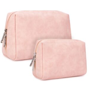 2 pack vegan leather makeup bag zipper pouch travel cosmetic organizer for women (large (pack of 2), orange pink)