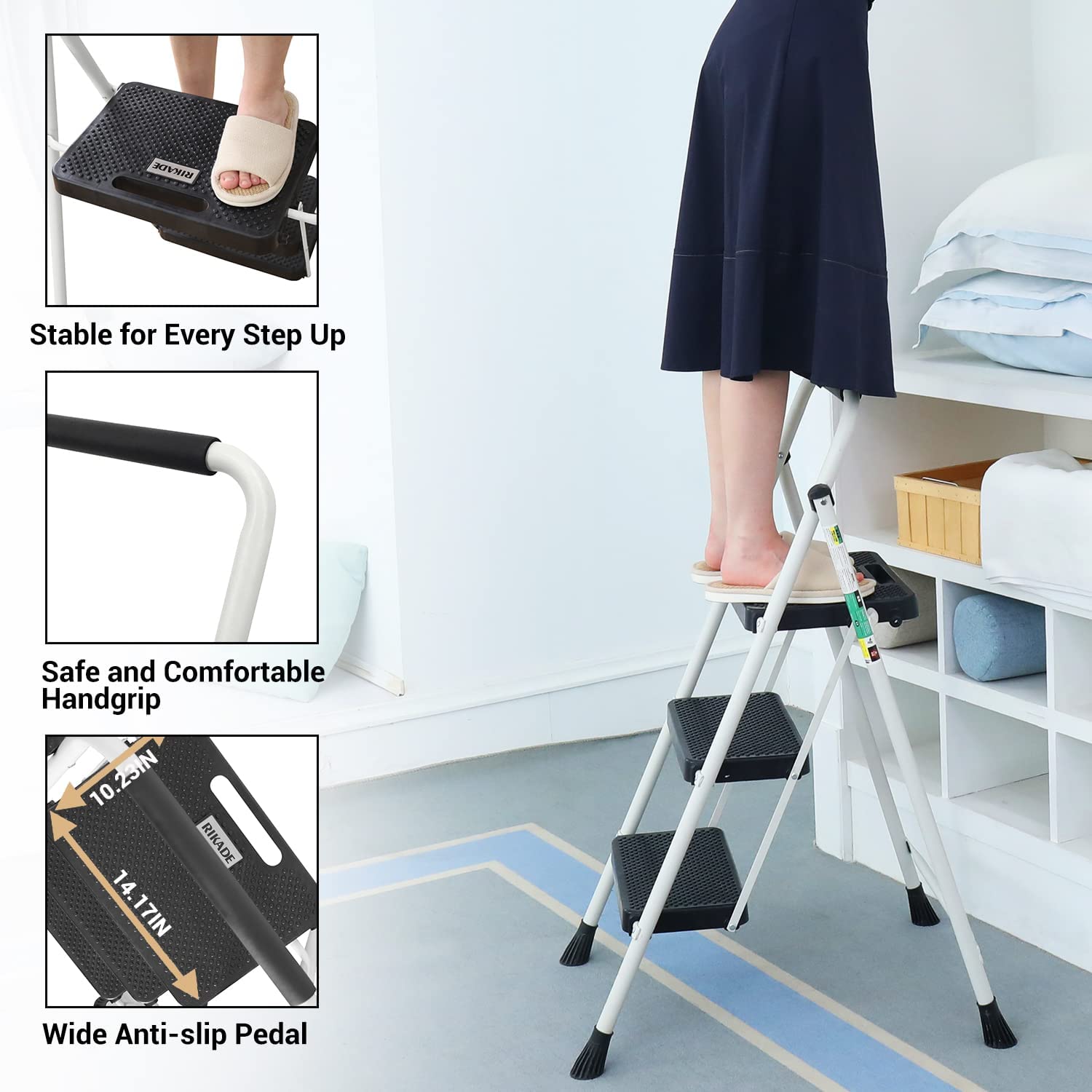 3 Step Ladder, RIKADE Folding Step Stool, Step Stool with Wide Anti-Slip Pedal, Lightweight, Portable Folding Step Ladder with Handgrip, Multi-use Steel Ladder for Household and Office