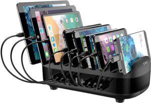 orico 120w 10 port charging station for multiple devices 10 ports smart usb charging docking organizer with cooling fan compatible for iphone, ipads, samsung, android phone and tablets