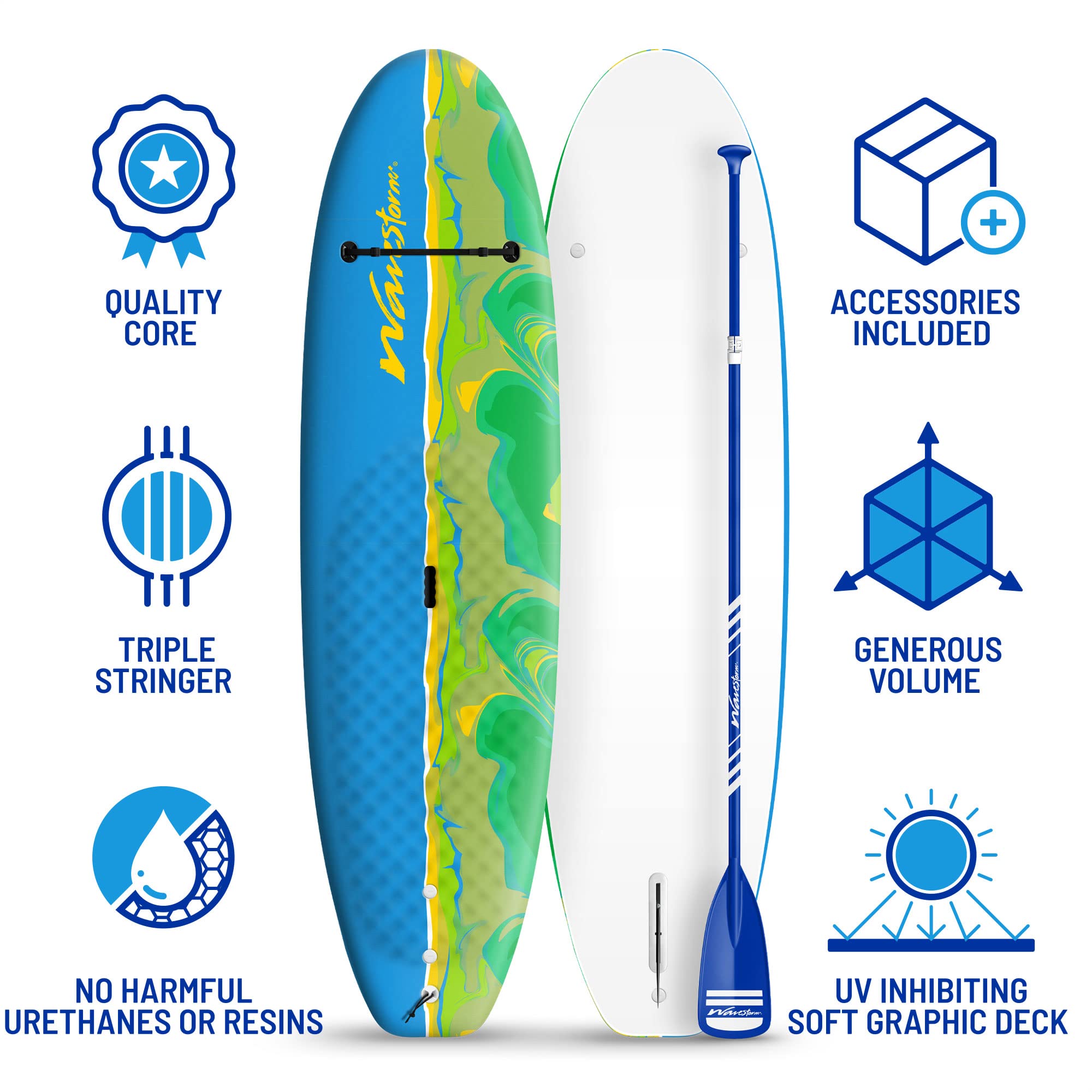 WAVESTORM 8ft Junior Stand Up Paddleboard | Superior Foam Construction with Stringers | Accessories Included Adjustable Paddle Leash and Removable fin| Carry Handle | Sized for Youth