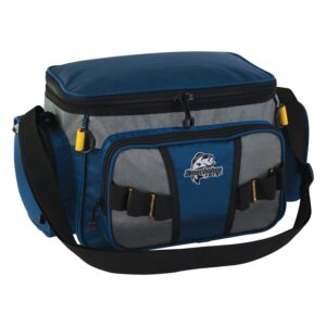 360 fishing gear tackle bag by okeechobee fats | soft sided fishing bag | includes 3 fishing accessories utility boxes | top loading fishing tackle box bag | deepwater blue, 10.8in x 7.8in x 7"