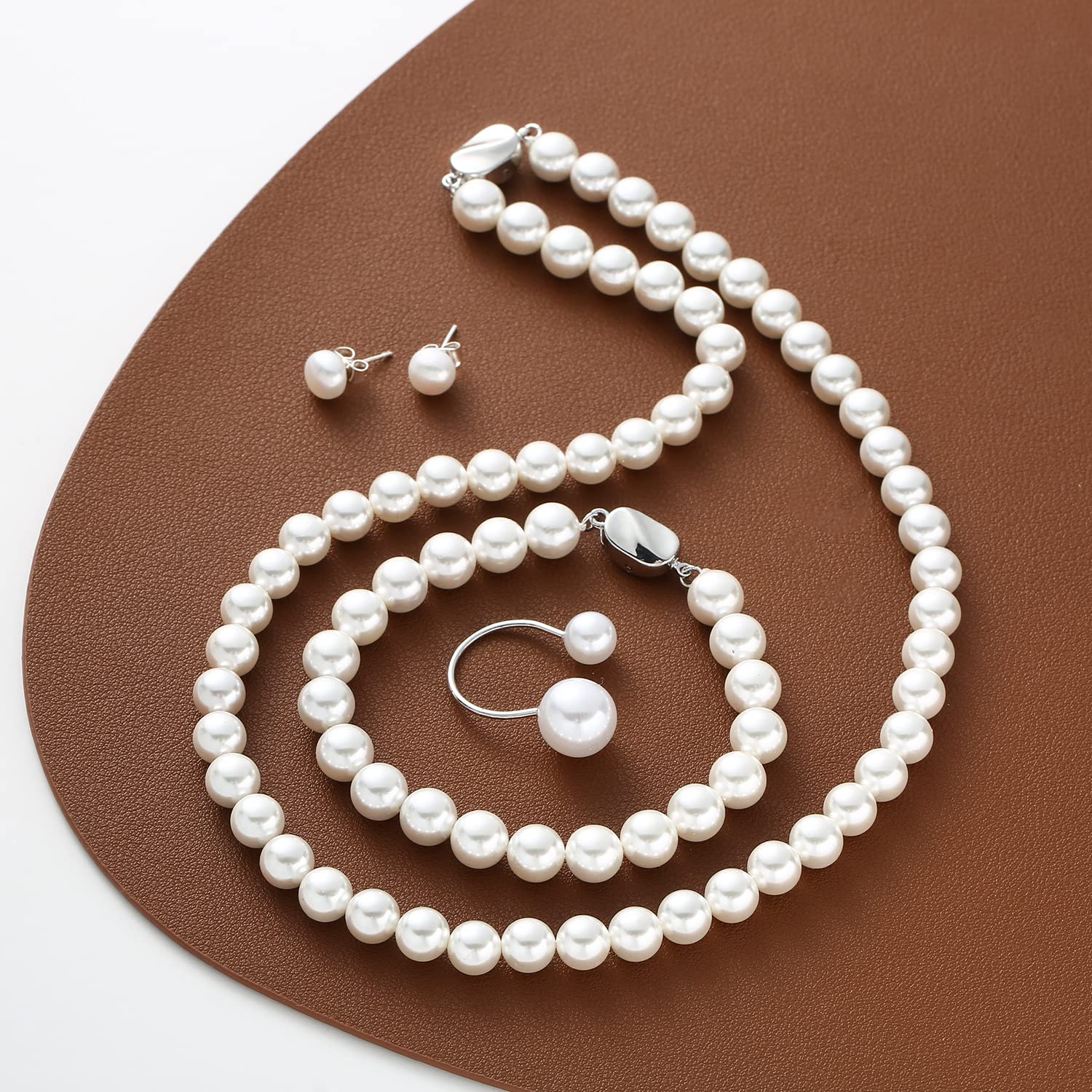 Pearl Necklace Jewelry Set for Women,Complete Set of Pearl Jewelry Includes Necklace Bracelet Earrings, Fashion Pearl Jewelry with Box for Wife Mom Sister Bride Bridesmaid (Simulated Pearl_4 Set)