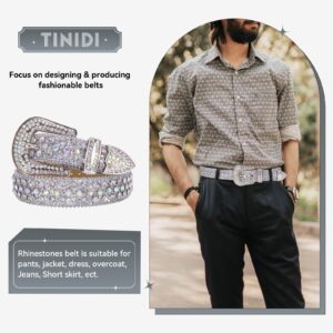 TINIDI Luxury Strap Men Women Rhinestones Belt Western Bling Bling Crystal Diamond Studded Belts (Silver, Fit Waist 28-30 inches)