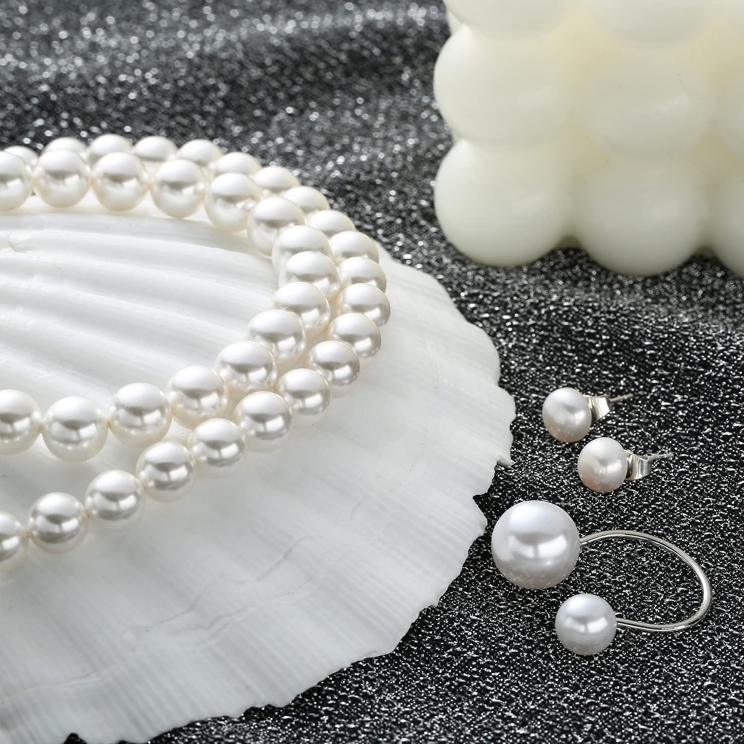 Pearl Necklace Jewelry Set for Women,Complete Set of Pearl Jewelry Includes Necklace Bracelet Earrings, Fashion Pearl Jewelry with Box for Wife Mom Sister Bride Bridesmaid (Simulated Pearl_4 Set)