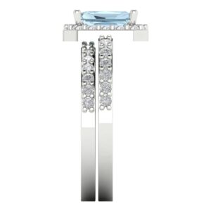 Clara Pucci 2.3 ct Emerald Cut Halo Solitaire Natural Aquamarine Designer Art Deco Statement Wedding Ring Band Set 18K White Gold 8.5