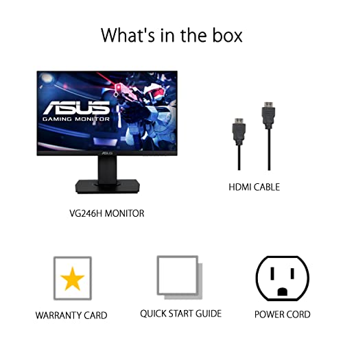 ASUS 23.8” 1080P Gaming Monitor (VG246H) - Full HD, IPS, 75Hz, 1ms, FreeSync, Extreme Low Motion Blur, Low Blue Light, Flicker Free, VESA Mountable, HDMI, VGA, Height Adjustable, 12.8"x21.3"x2",Black