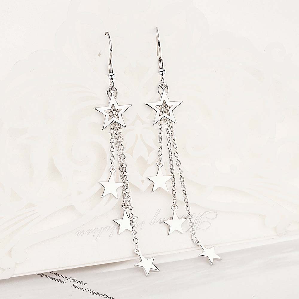 Temperament Long Star Tassel Drop Dangle Earrings for Women Five-Pointed Star Stud Earrings Shiny Starlight Hollow Star Earrings (Silver)