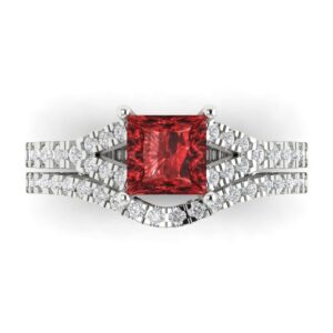 clara pucci 2.11 ct princess cut solitaire natural red garnet designer art deco statement wedding curved ring band set 18k white gold 3.5