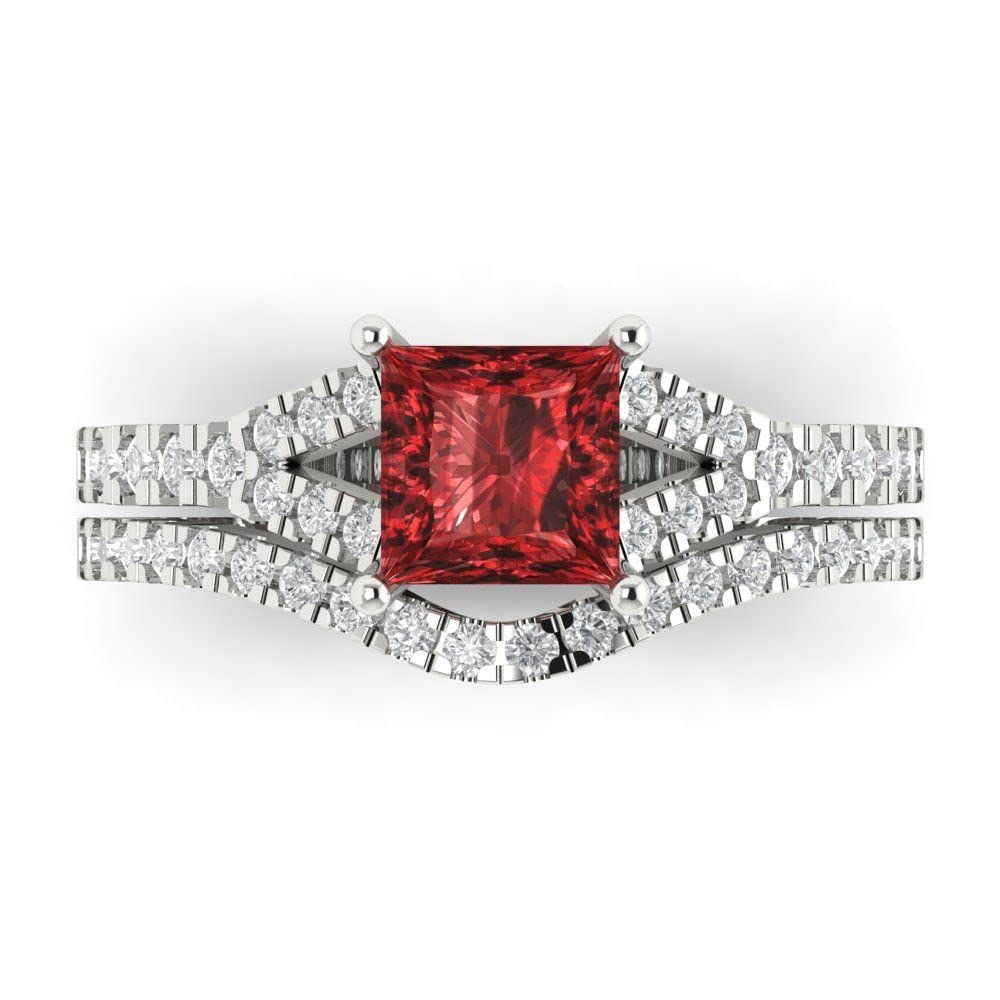 Clara Pucci 2.11 ct Princess Cut Solitaire Natural Red Garnet Designer Art Deco Statement Wedding Curved Ring Band Set 18K White Gold 3.5