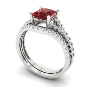 Clara Pucci 2.11 ct Princess Cut Solitaire Natural Red Garnet Designer Art Deco Statement Wedding Curved Ring Band Set 18K White Gold 3.5