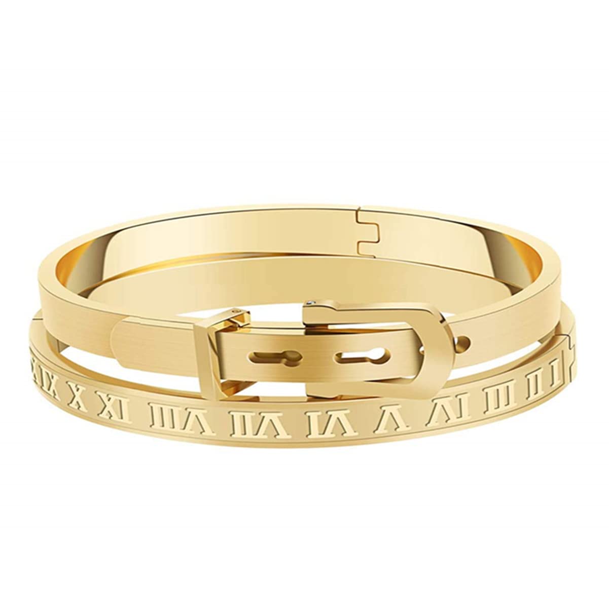 Jarlinwel Gold Silver Plated Bracelets for Men Women Roman Numeral Bangle Bracelet Stainless Steel Personalized Engraved Unisex Gift (2 Pcs Womens Gold Bangle)