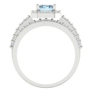 Clara Pucci 2.3 ct Emerald Cut Halo Solitaire Natural Aquamarine Designer Art Deco Statement Wedding Ring Band Set 18K White Gold 8.5