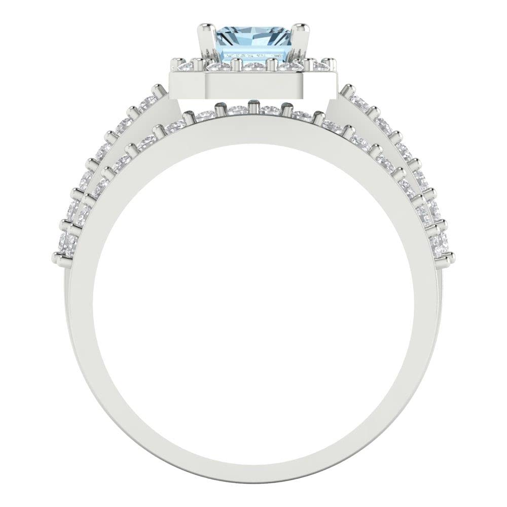 Clara Pucci 2.3 ct Emerald Cut Halo Solitaire Natural Aquamarine Designer Art Deco Statement Wedding Ring Band Set 18K White Gold 8.5