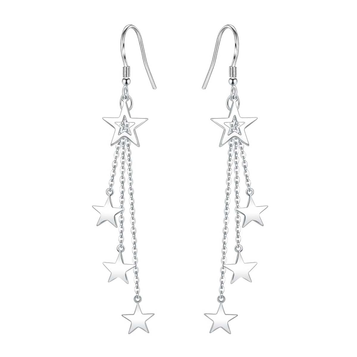 Temperament Long Star Tassel Drop Dangle Earrings for Women Five-Pointed Star Stud Earrings Shiny Starlight Hollow Star Earrings (Silver)