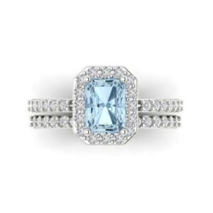 clara pucci 2.3 ct emerald cut halo solitaire natural aquamarine designer art deco statement wedding ring band set 18k white gold 8.5