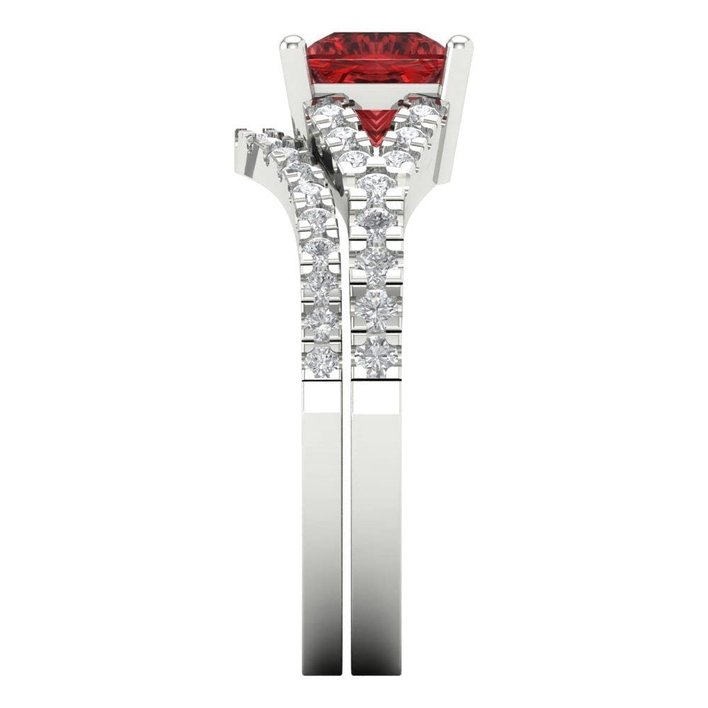 Clara Pucci 2.11 ct Princess Cut Solitaire Natural Red Garnet Designer Art Deco Statement Wedding Curved Ring Band Set 18K White Gold 3.5