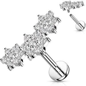 Covet Jewelry Triple CZ Flower Cluster Top on Internally Threaded 316L Surgical Steel Flat Back Studs for Labret, Monroe, Cartilage and More (16GA, L: 5/16" (8mm), Clear)