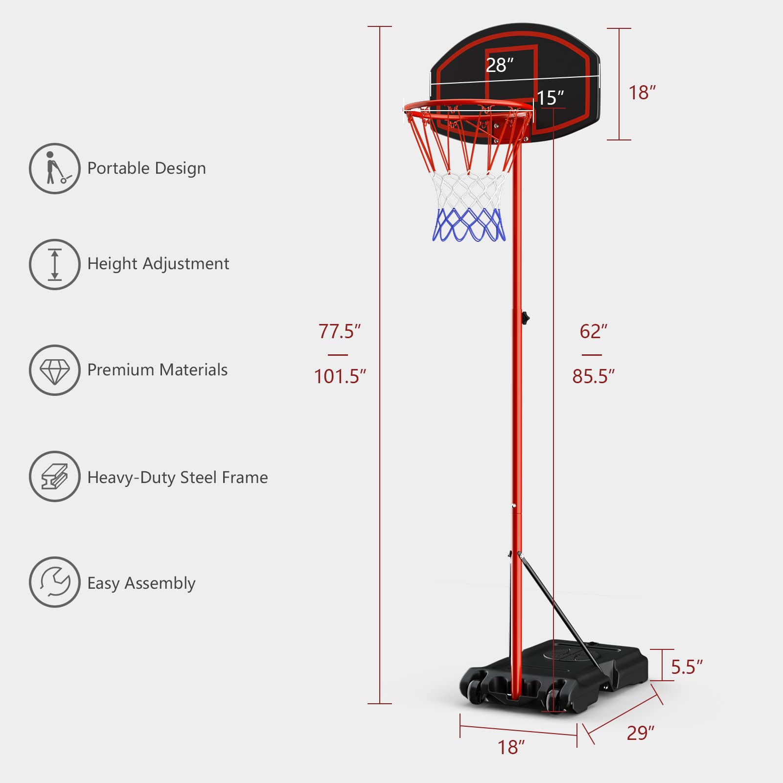 GYMAX Basketball Hoop, 6.5-8.5FT Height Adjustable Basketball Goal with Fillable Base & Moving Wheels, Weather-Resistant Portable Basketball System for Kids Youth Adult Outdoor Indoor Gym, Driveway