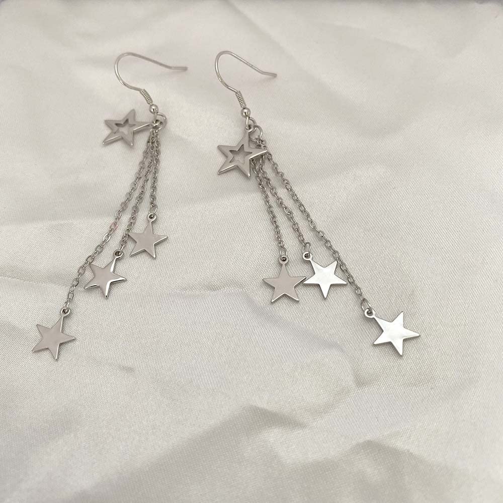 Temperament Long Star Tassel Drop Dangle Earrings for Women Five-Pointed Star Stud Earrings Shiny Starlight Hollow Star Earrings (Silver)