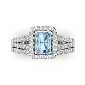 clara pucci 1.7 ct emerald halo solitaire genuine natural aquamarine designer art deco statement wedding ring band set 18k white gold 11