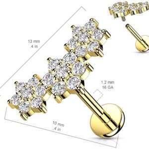 Covet Jewelry Triple CZ Flower Cluster Top on Internally Threaded 316L Surgical Steel Flat Back Studs for Labret, Monroe, Cartilage and More (16GA, L: 5/16" (8mm), Clear)