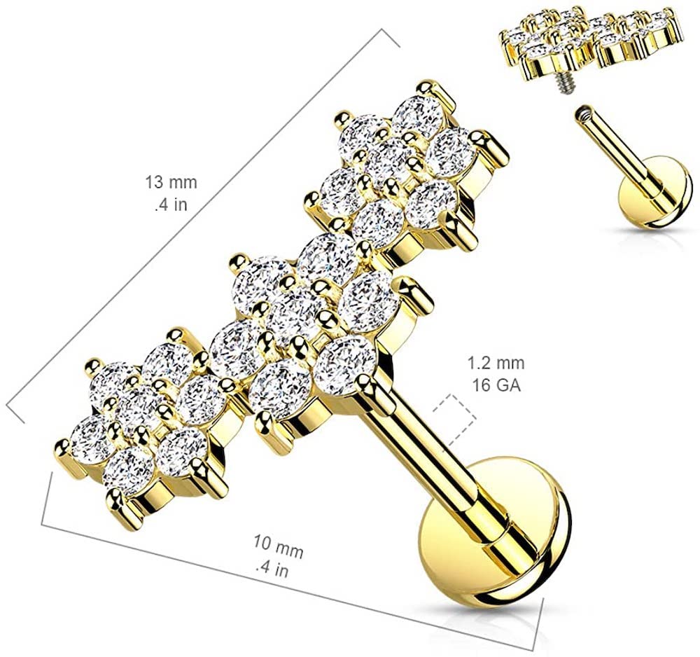 Covet Jewelry Triple CZ Flower Cluster Top on Internally Threaded 316L Surgical Steel Flat Back Studs for Labret, Monroe, Cartilage and More (16GA, L: 5/16" (8mm), Clear)